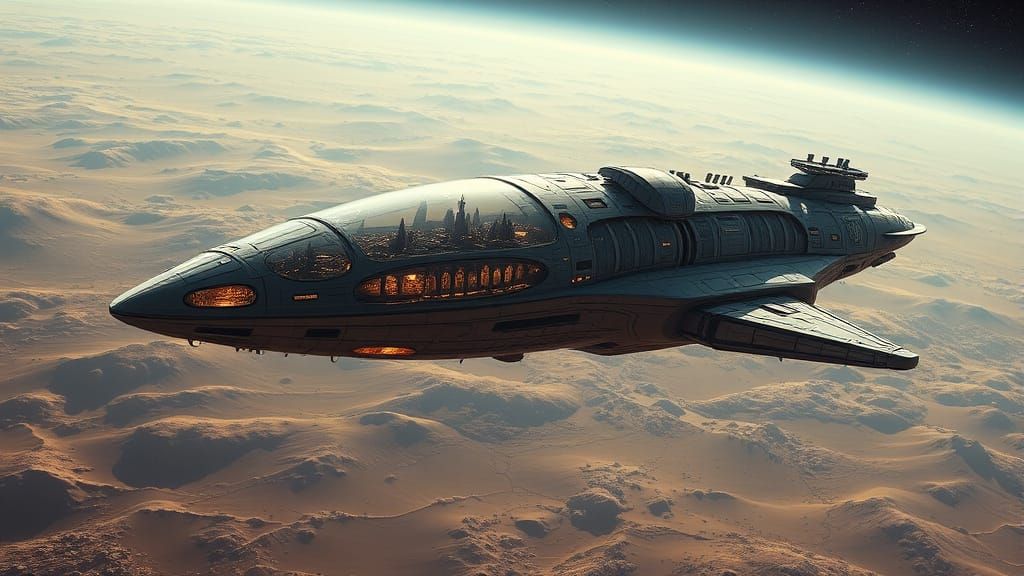 a huge colony starship exploring distant worlds looking for a new home