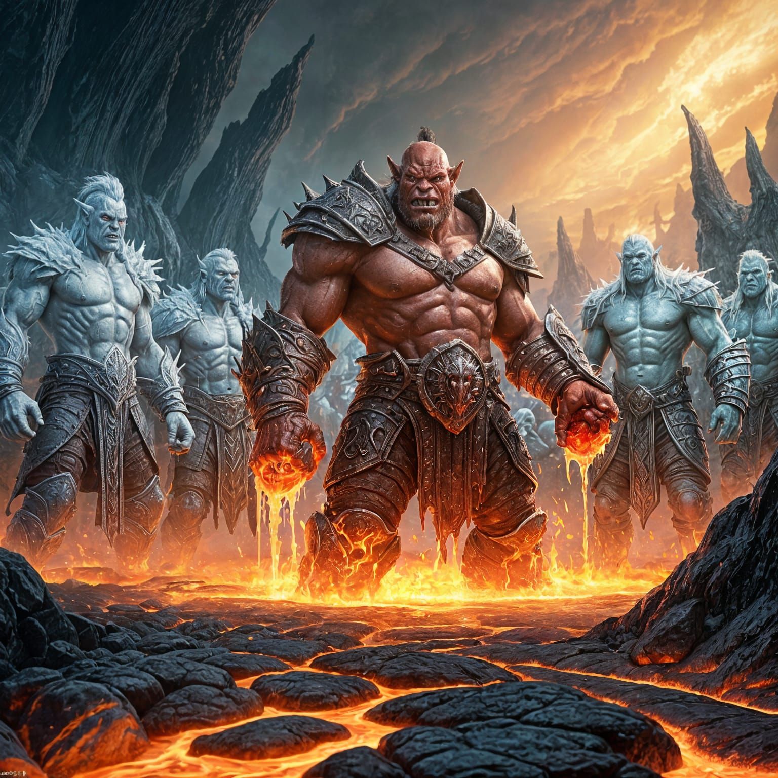White ice warrior orcs surrounding one red orc bathing in a pool of ...