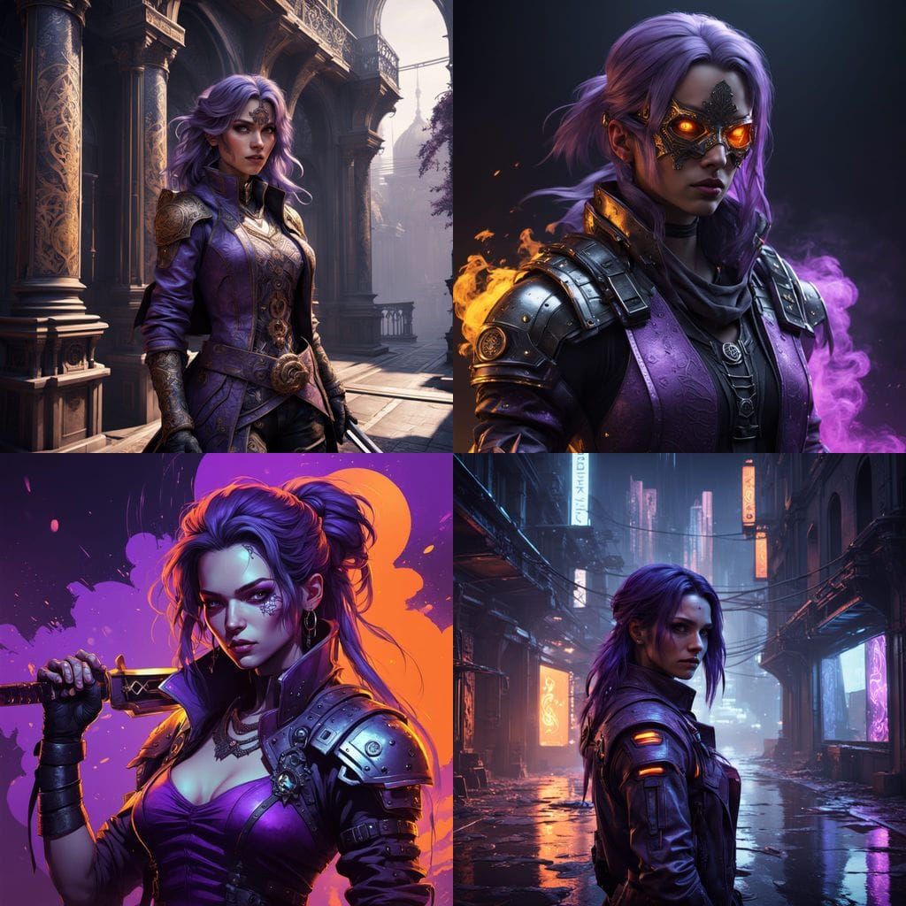 Cyberpunk Pirate Assassin in Vibrant Purple and Or... - AI Art