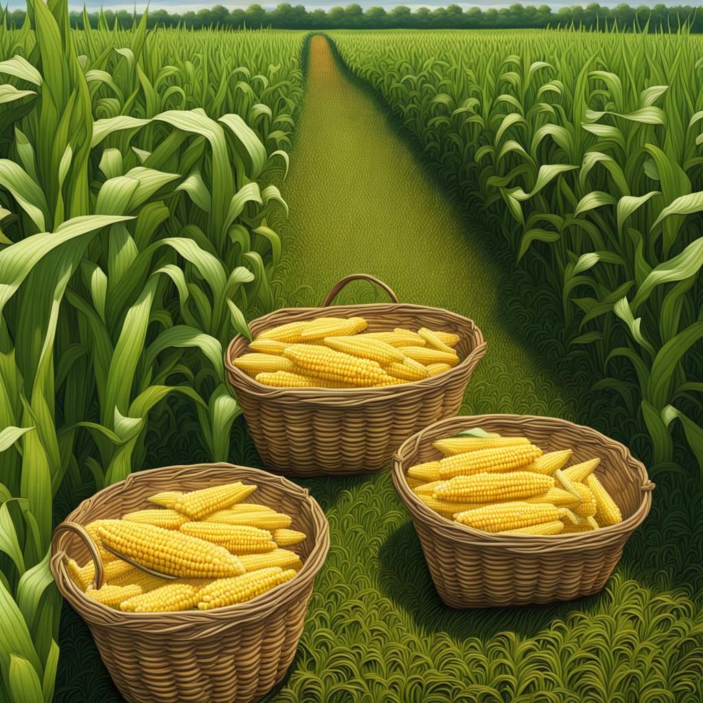 Bushel baskets overflowing with corn in a green corn field, 64k ...