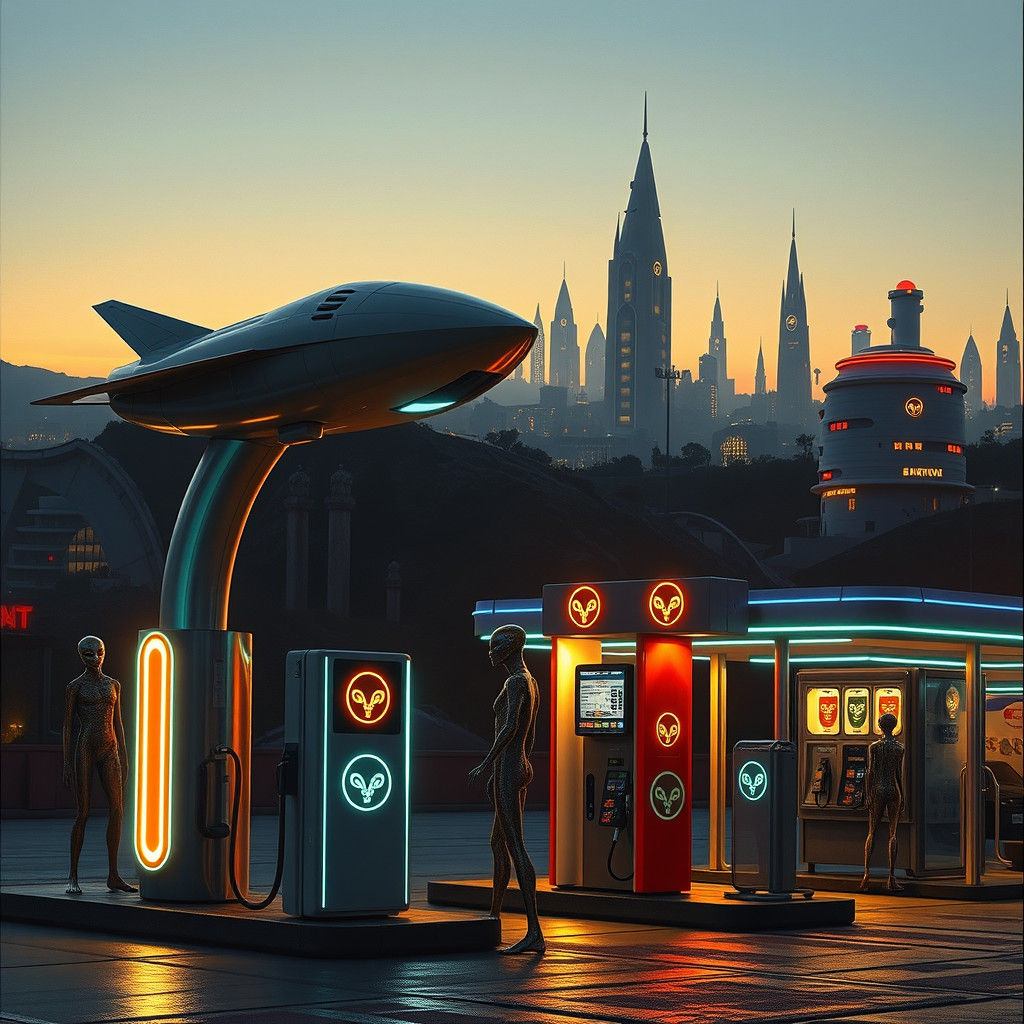 Surreal Cosmic Gas Station Scene with Aliens and B... - AI Art