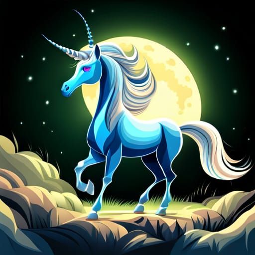 A luminous, majestic white unicorn walking through a very dark forest at night, starry sky ...