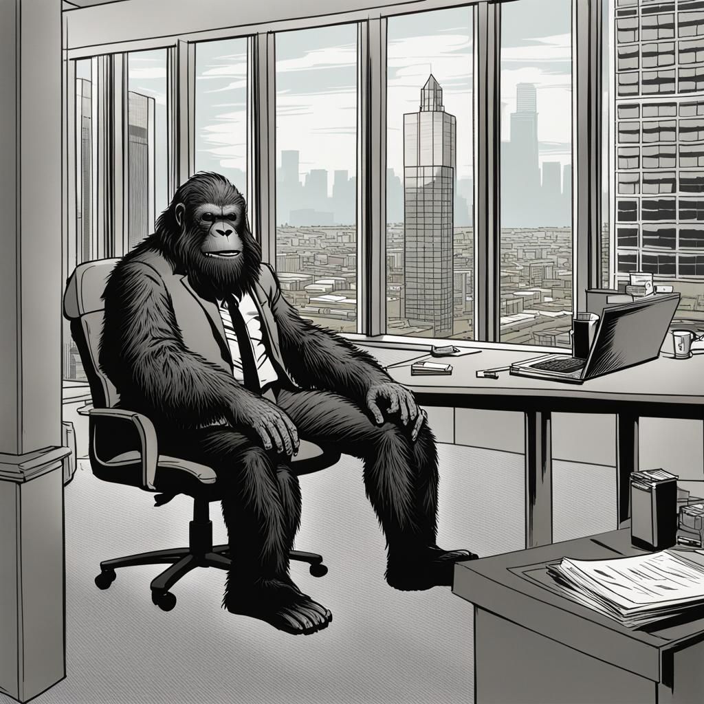 bigfoot wearing a business suit sitting in a corner office of a high-rise building - AI ...