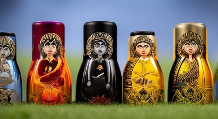russian nesting dolls arranged in a row with goth horror faces ...
