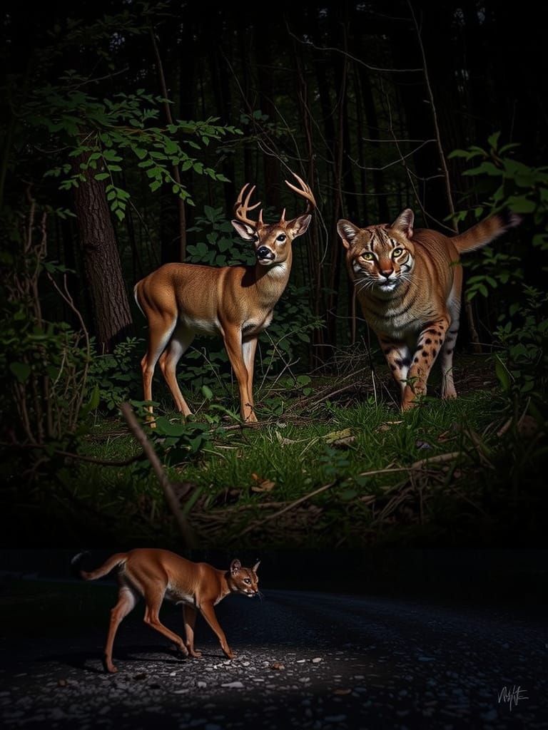 A deer and a bobcat photographed by a trail camera at dusk