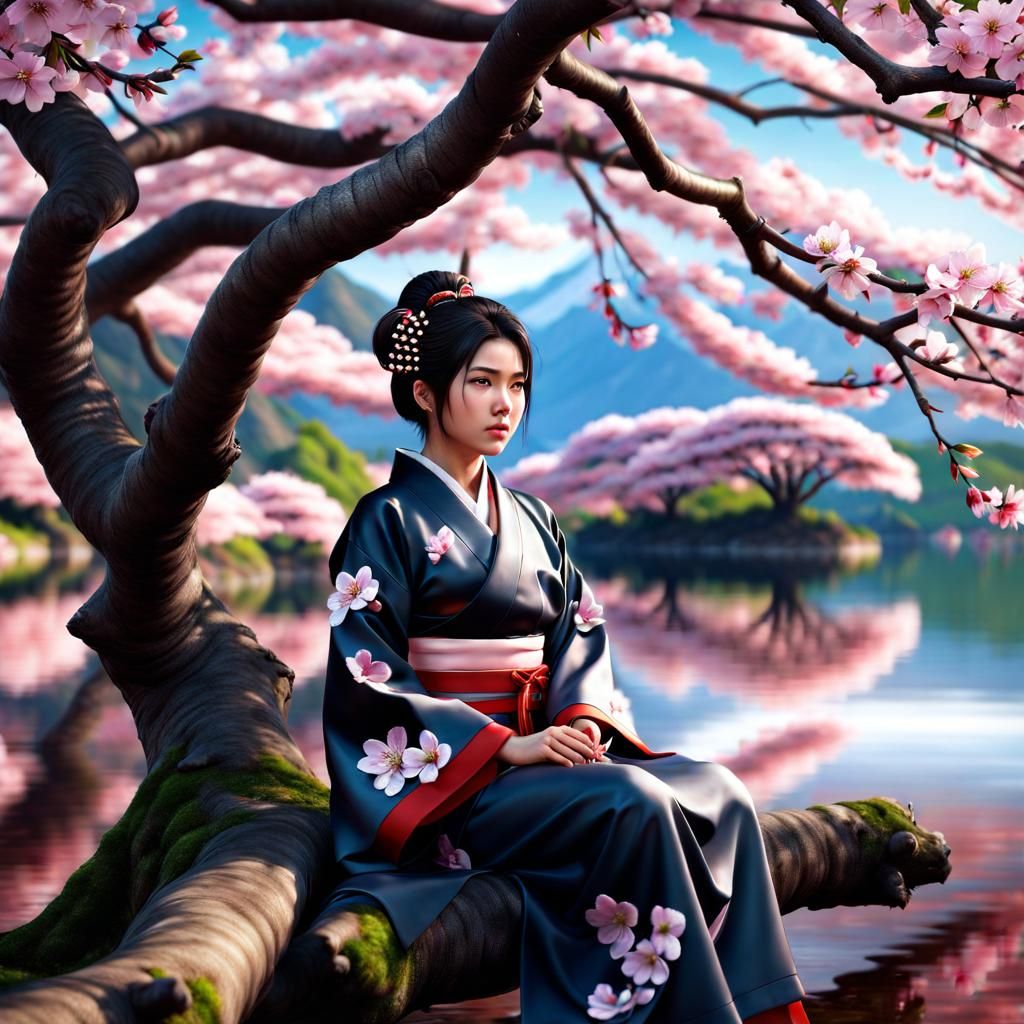 A Geisha sitting by a sakura tree Hyper detailed digital matte painting ...
