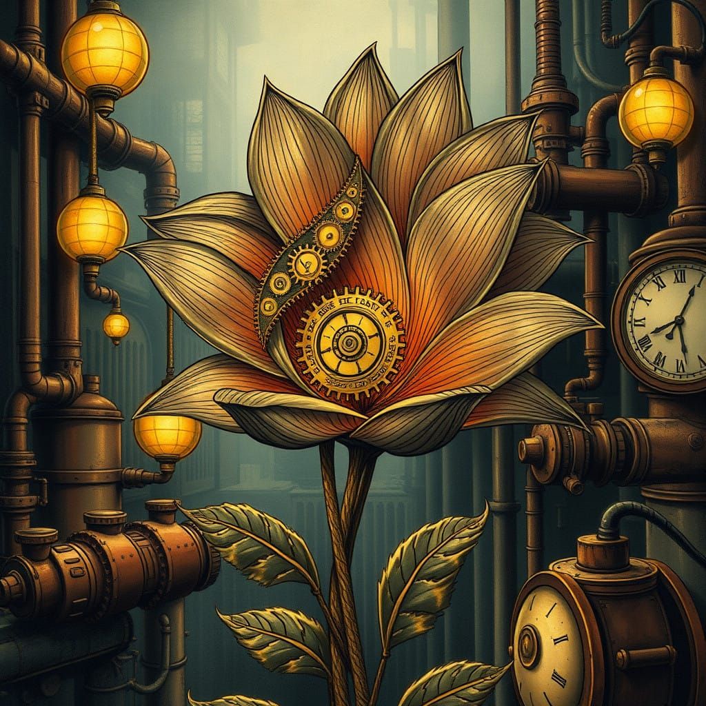 A clockwork flower unfurling its gears and petals Tim Burton Dan Mumford intricately detailed ...