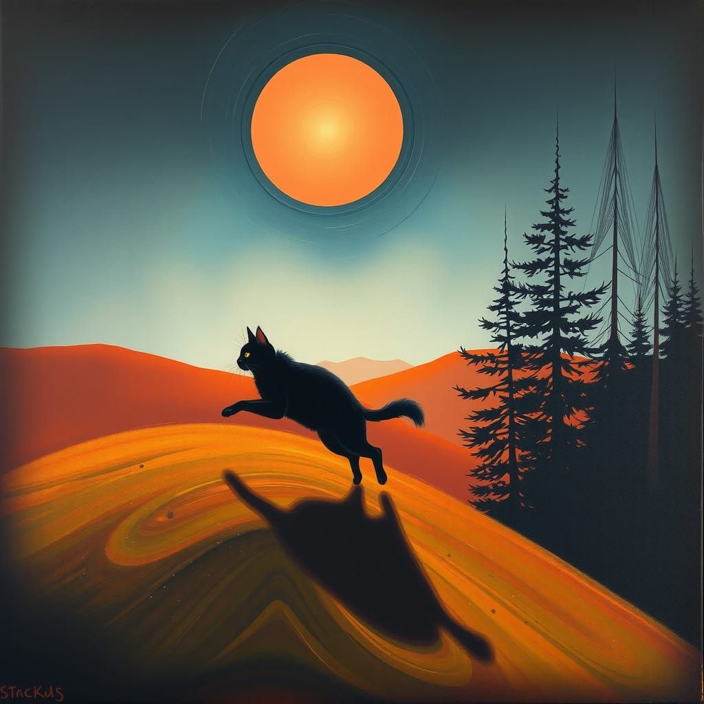 Surrealist cat running over the hill