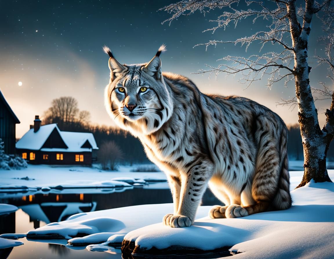 powerful view of fat white lynx crouching at reflective pond near ...