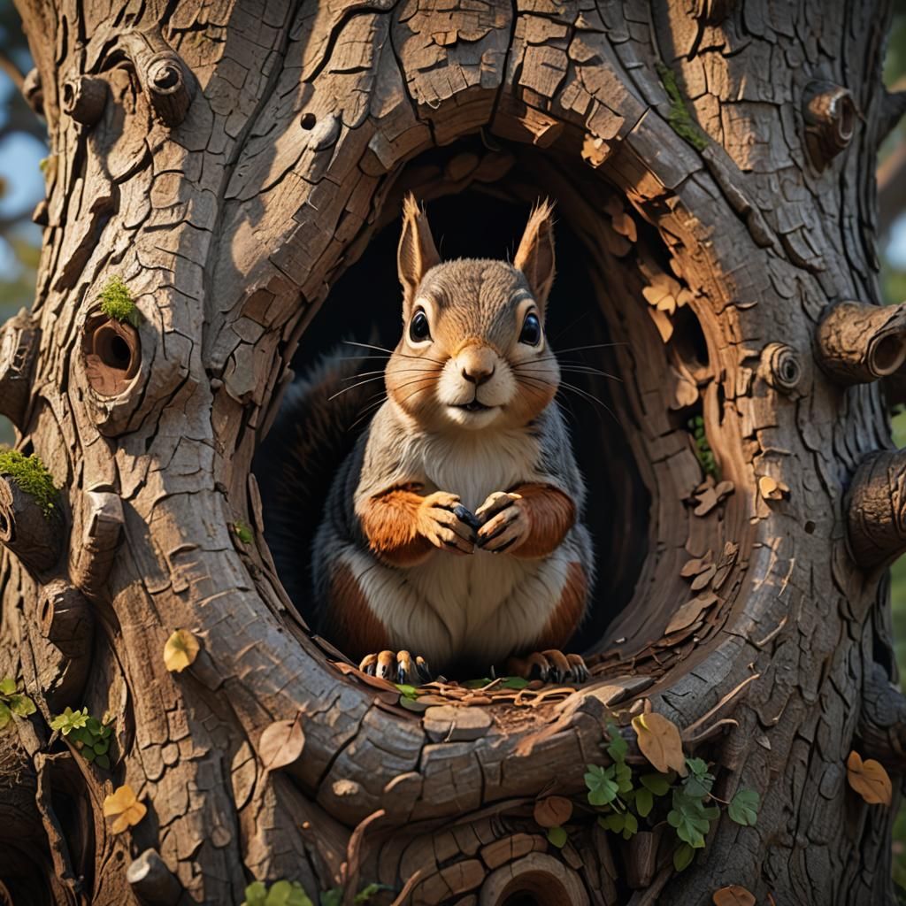 A squirrel in its house in a tree hollow - AI Generated Artwork - NightCafe Creator