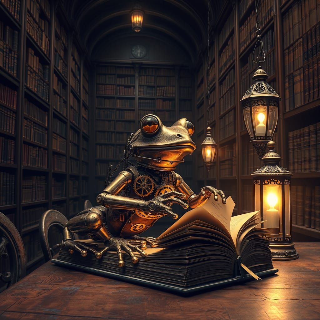 Steampunk Automaton Frog Explores Victorian Librar... - AI Art