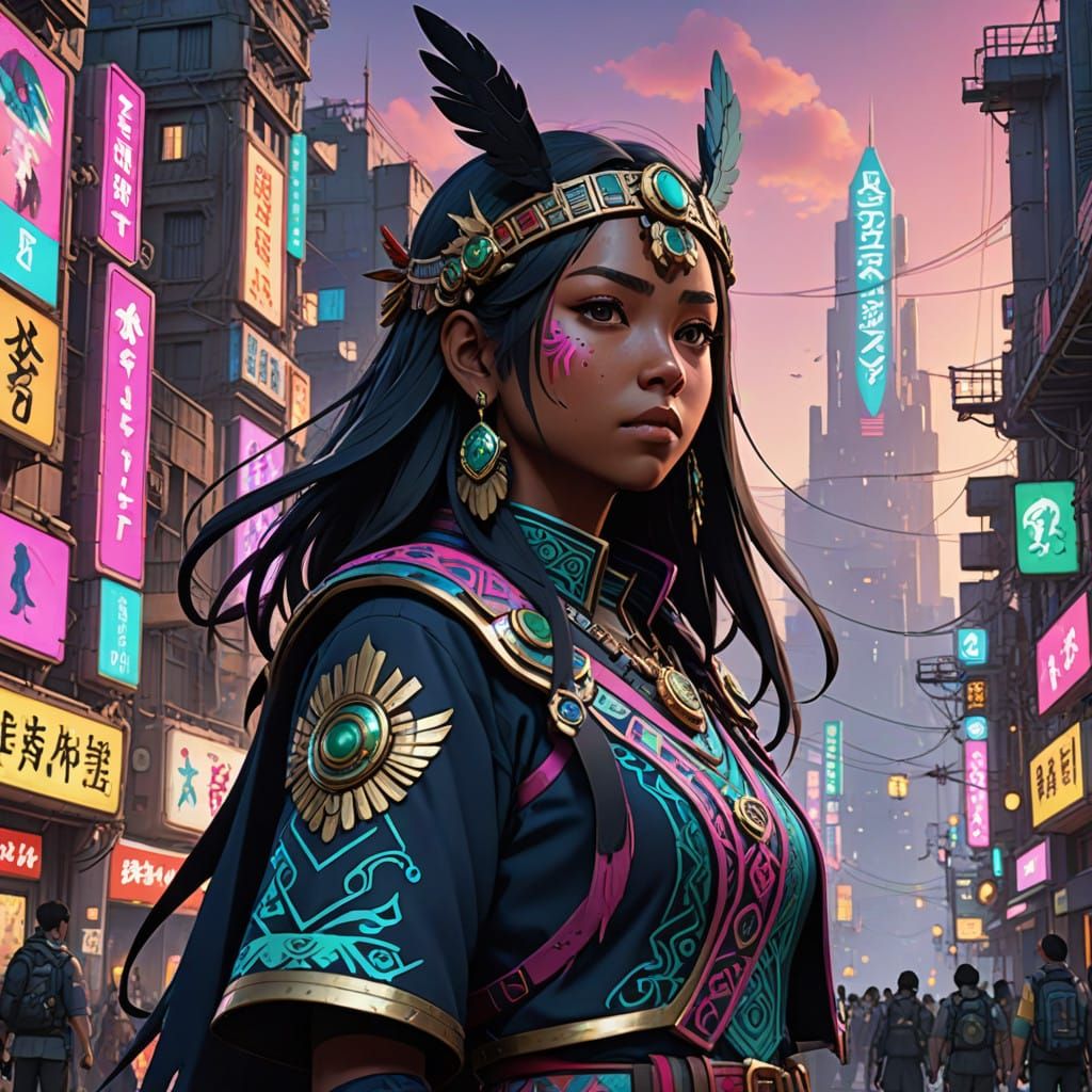 Aztec Princess in Futuristic Schoolgirl Uniform, I... - AI Art