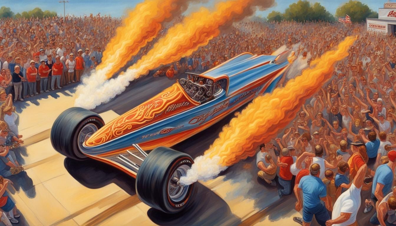 A Robert Williams painting of a top-fuel eliminator dragster doing a ...