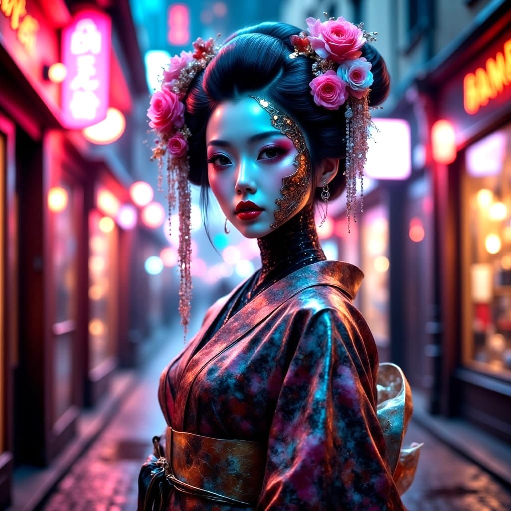 Cyborg Geisha - Cyborg Geisha in Cyberpunk Neon Alleyway