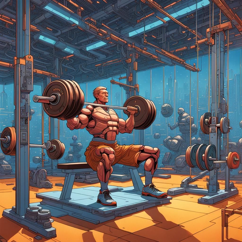 Intricately detailed cyborg lifting weights in a futuristic gym - AI ...