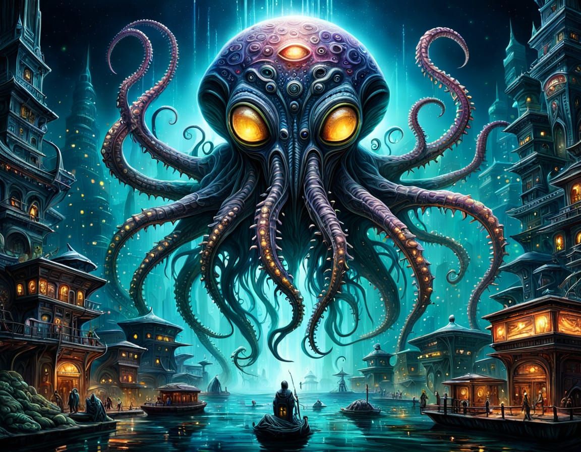 Cosmic Underwater City Inhabitants in Electric Hue... - AI Art