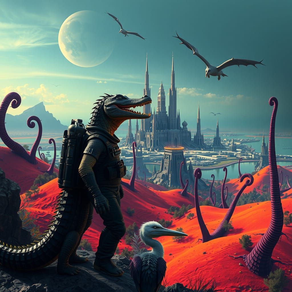 Surreal Hybrid Warriors Stand at Edge of Alien Met... - AI Art