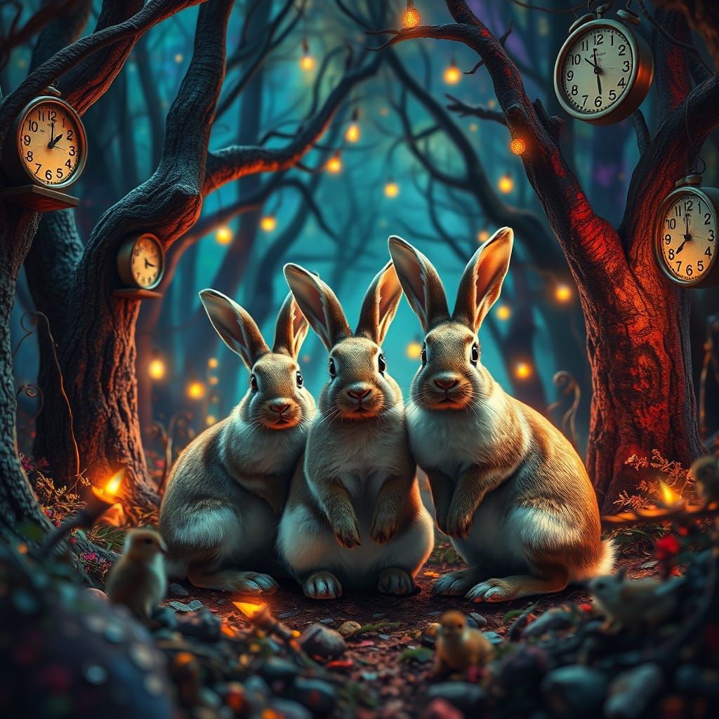 Crooked forest, rabits,clocks fairy light Hyperrealistic, splash art, concept art, mid shot ...