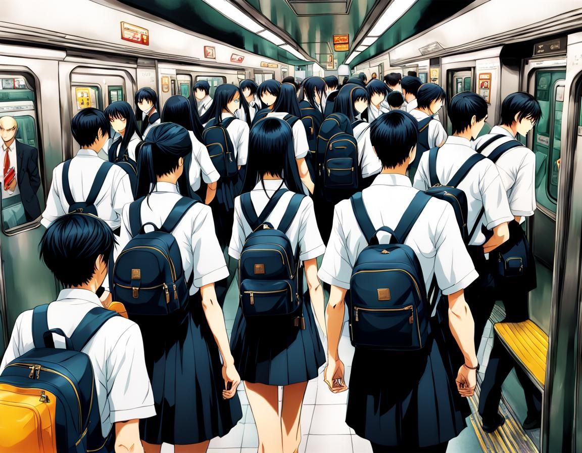 Crowded, anime art, Subway train, student back packs, private school ...