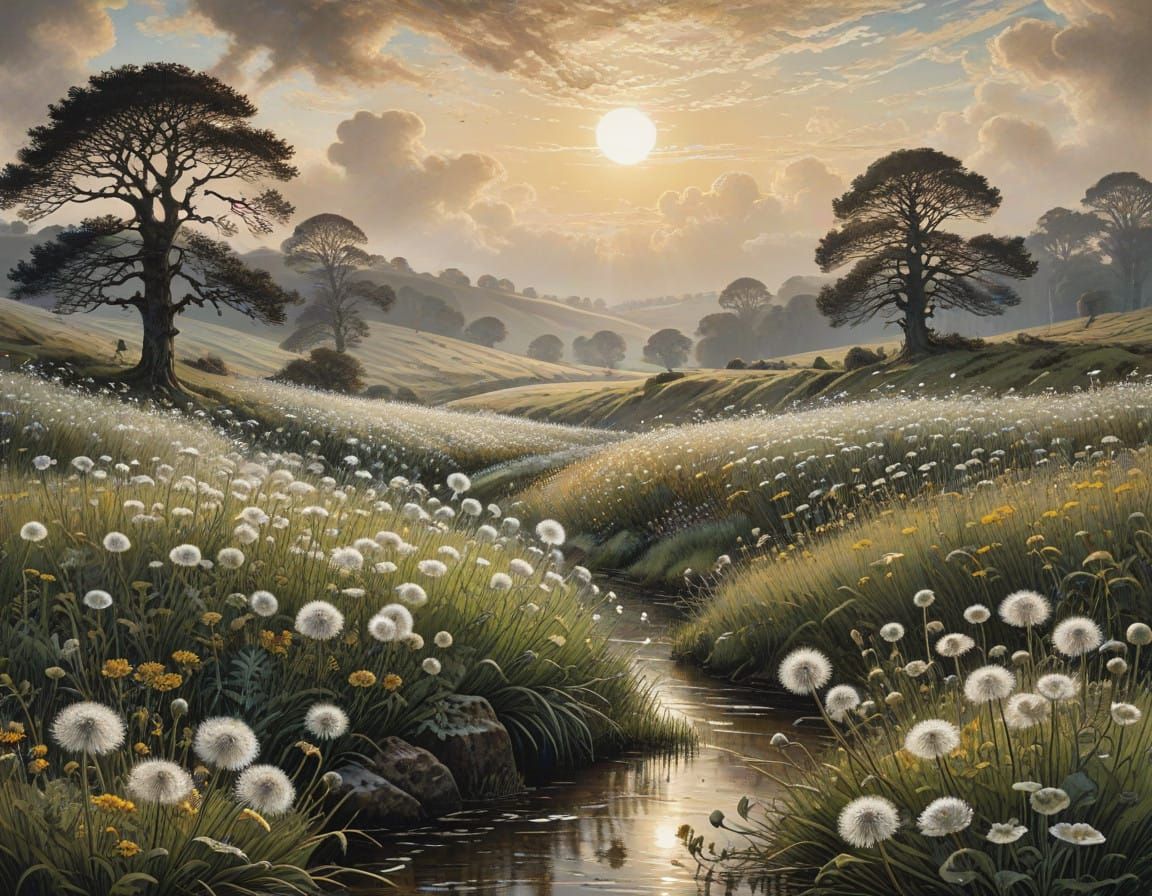 Whimsical Wood Engraving of Dandelions in a Sunlit... - AI Art