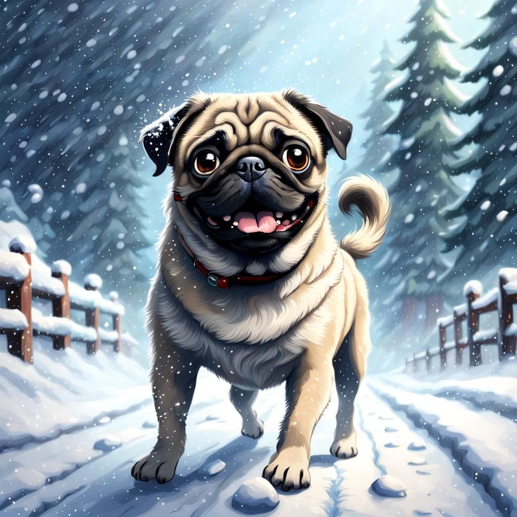 happy pug in the snow - AI Generated Artwork - NightCafe Creator