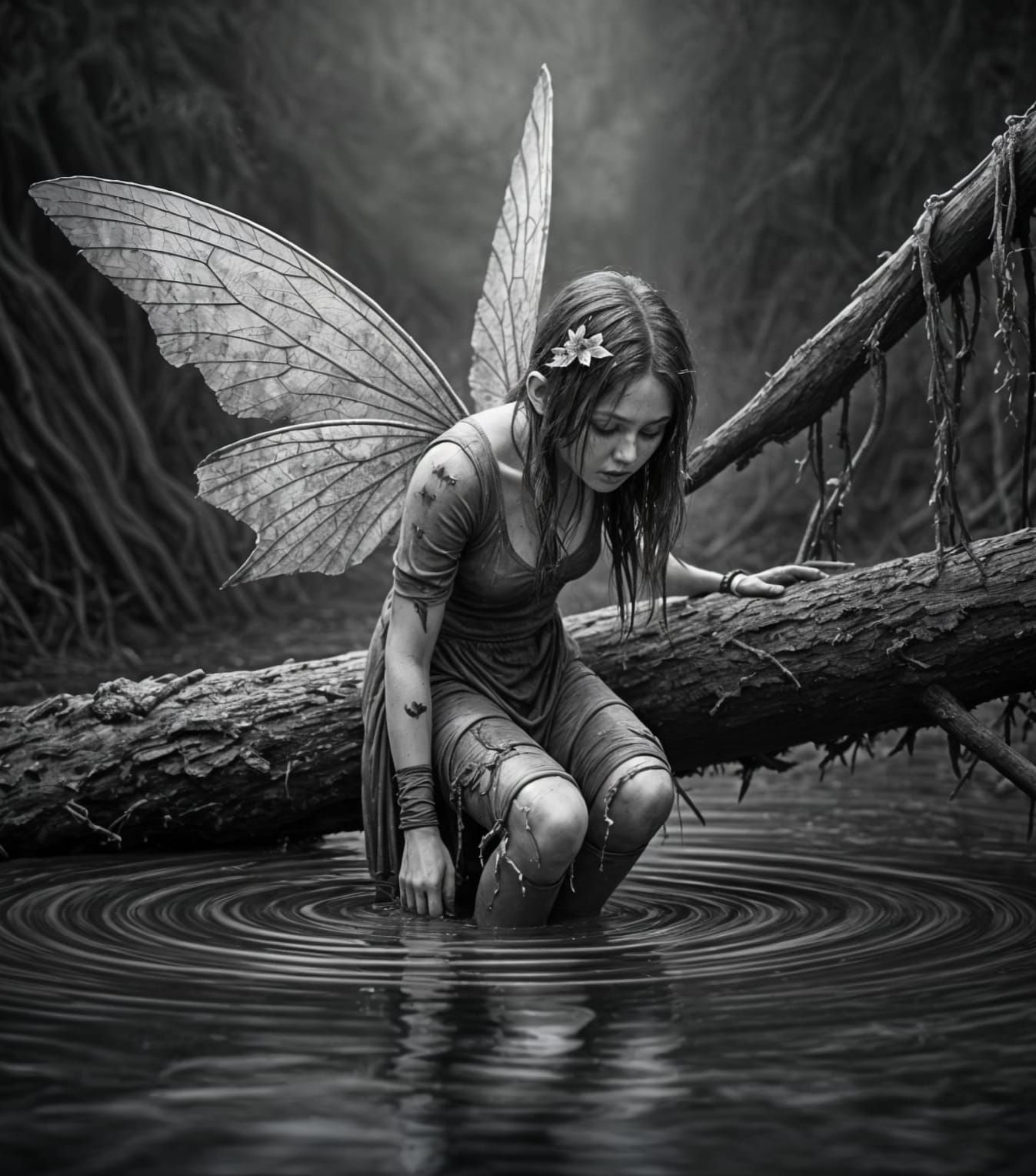 Black and white image of a young weeping teenaged fairy, climbing out ...