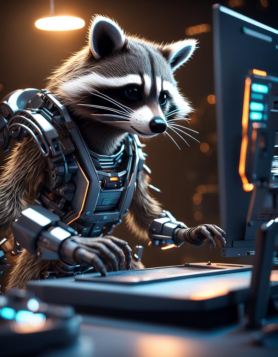 Raccoon using a computer. High Tech tools. Dynamic details. Intricate ...