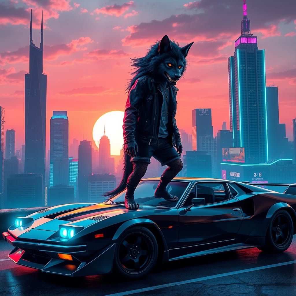 A punk werewolf in the 1980s synthwave attitude