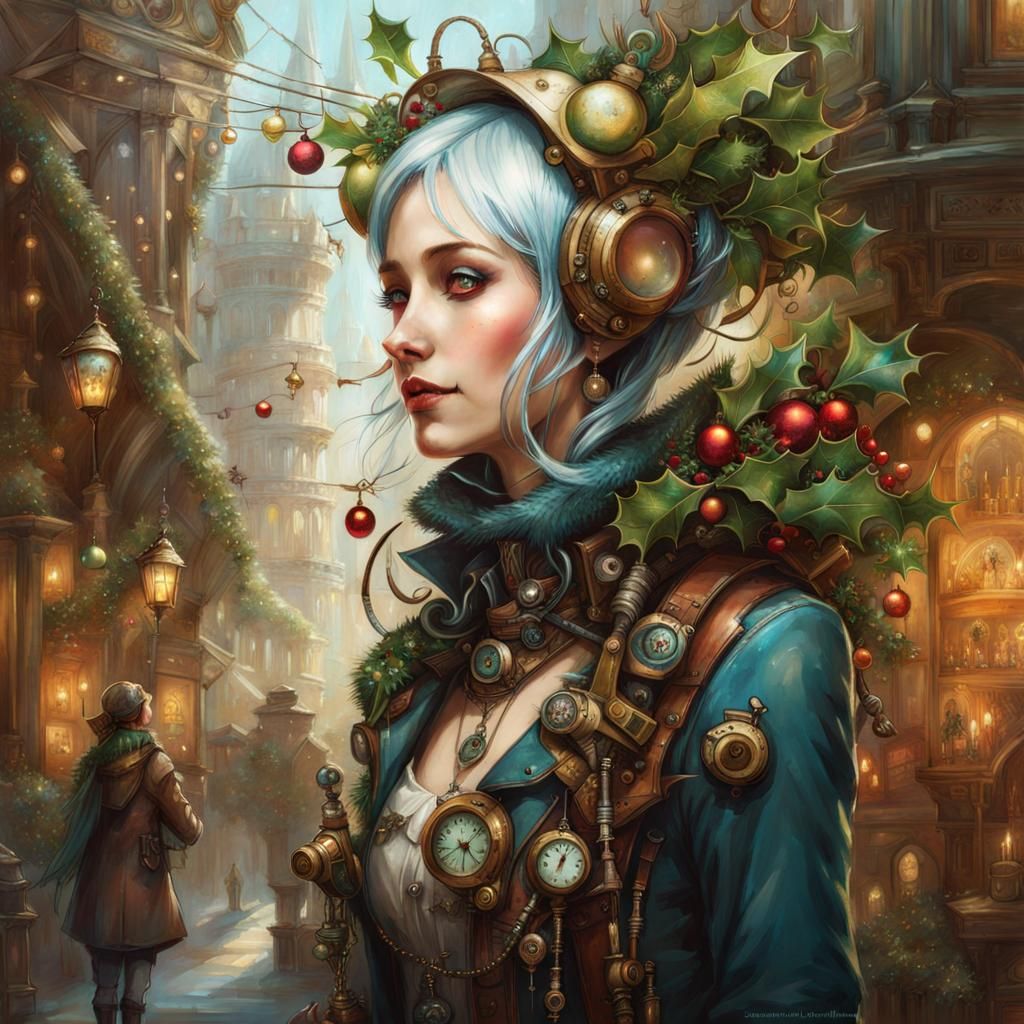 Full length side Portrait of a laughing Jolly Steampunk machinarium ...