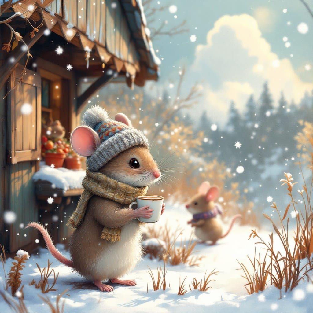 Cozy Mouse Sipping Hot Chocolate, Winter Scene - AI Art