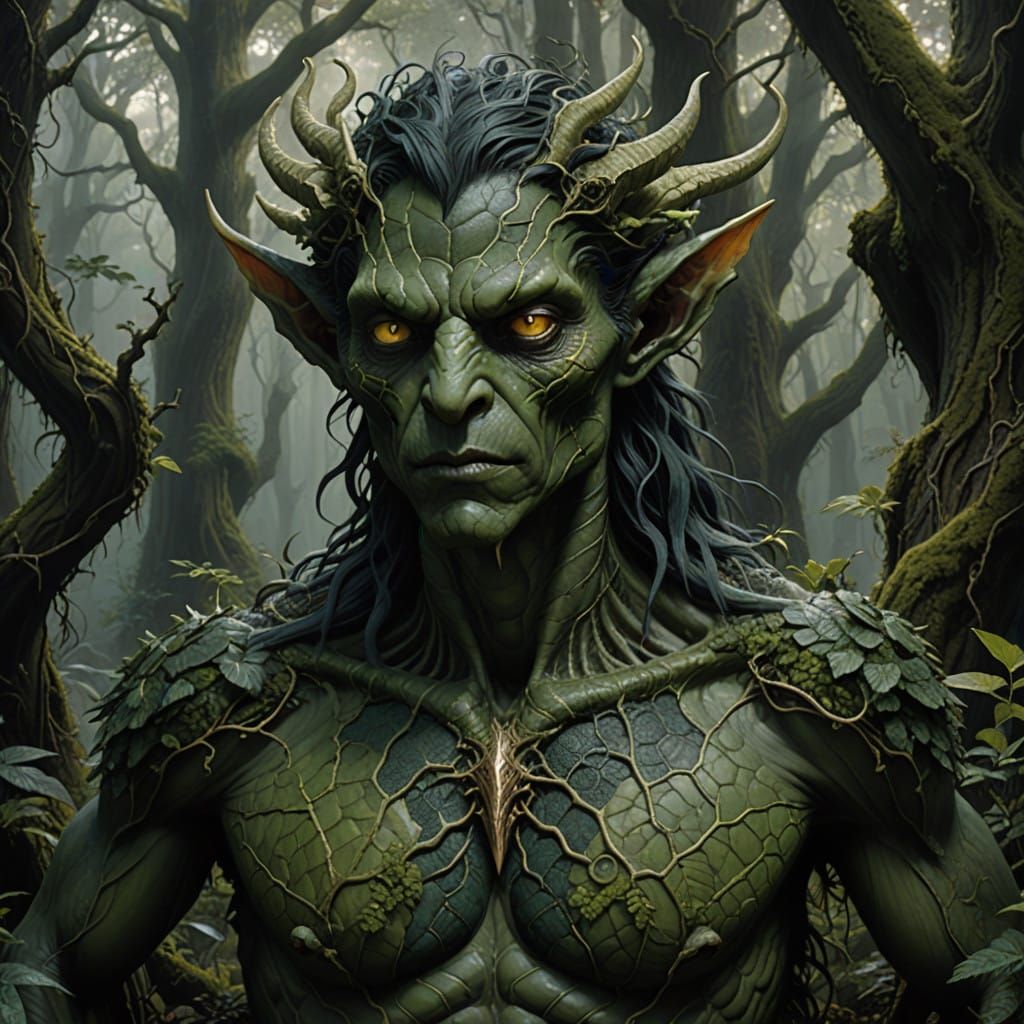 Majestic Emerald Reptilian Demon in a Lush Forest - AI Art