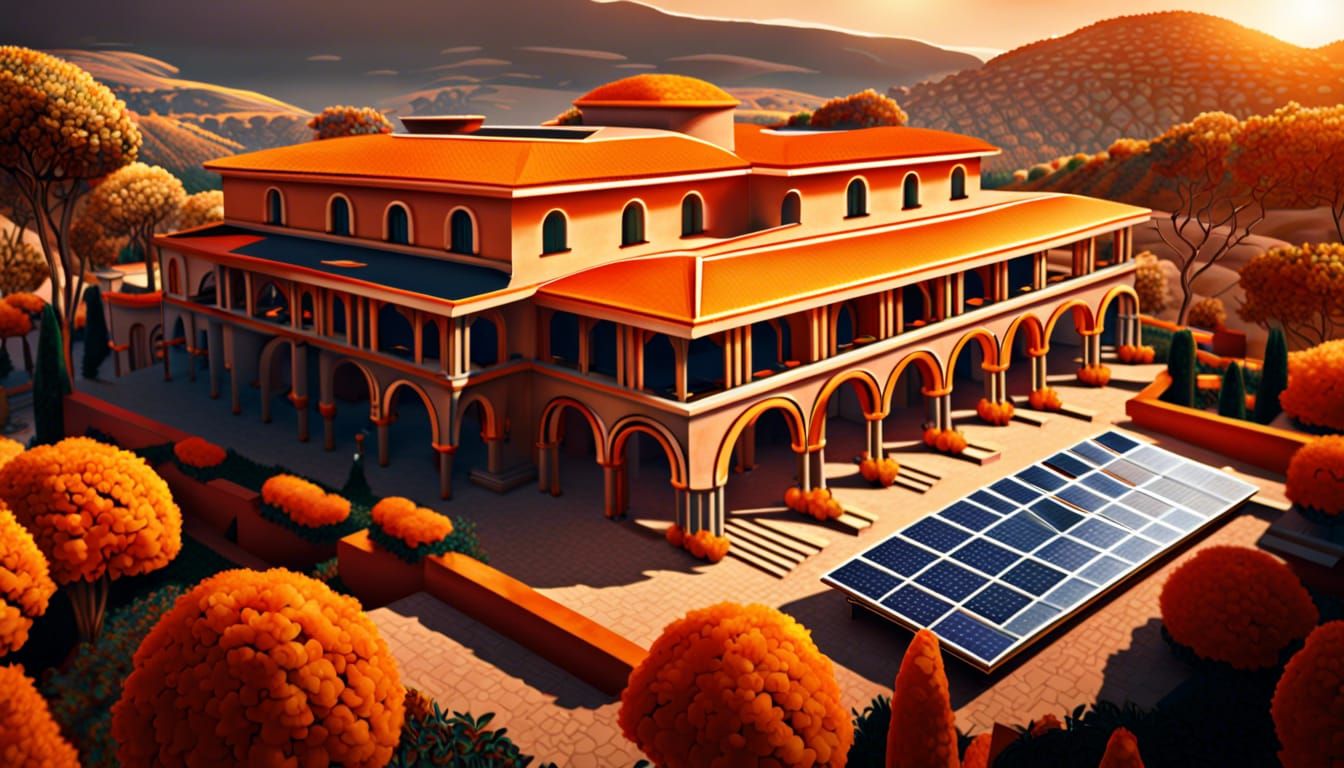 Futuristic Roman villa with solar panels, courtyard, realistic ...