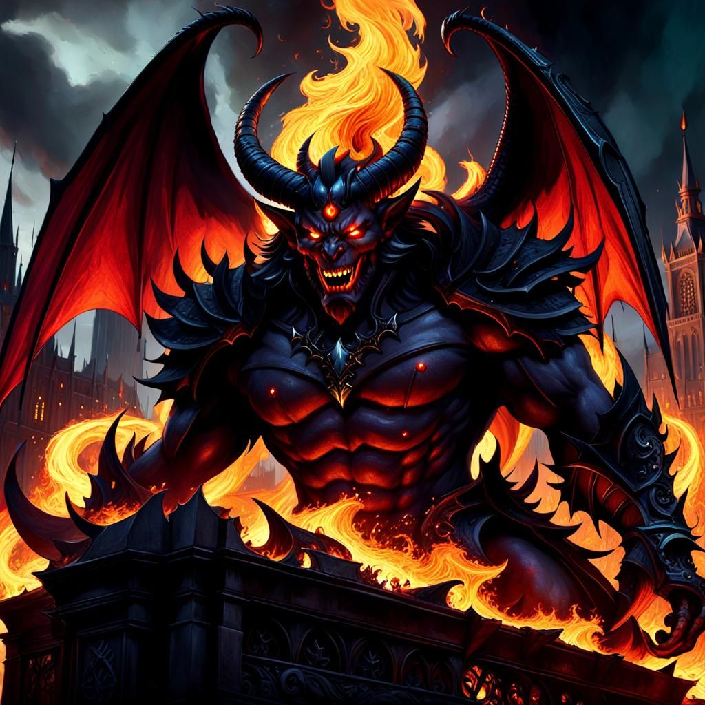 Demon lord looks down on burning city and laughs. - AI Generated ...