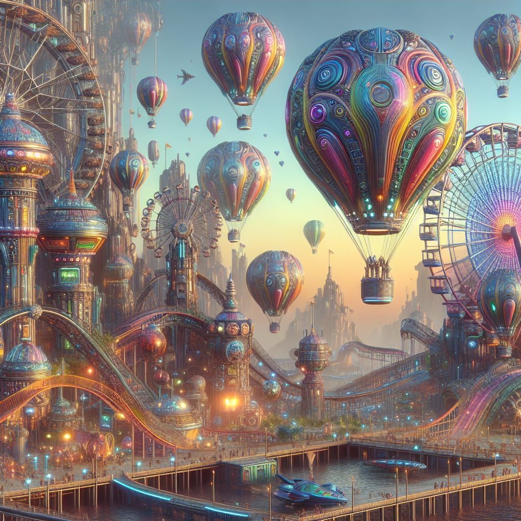 Hot Air Balloons over a Futuristic Amusement Park - AI Generated ...
