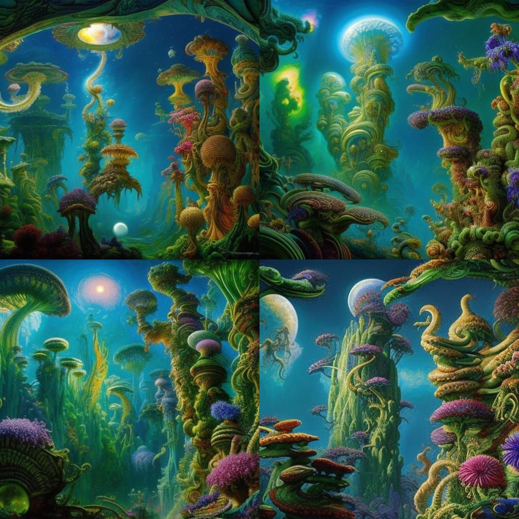 fantastical curving formations on an alien planet with lots of large ...