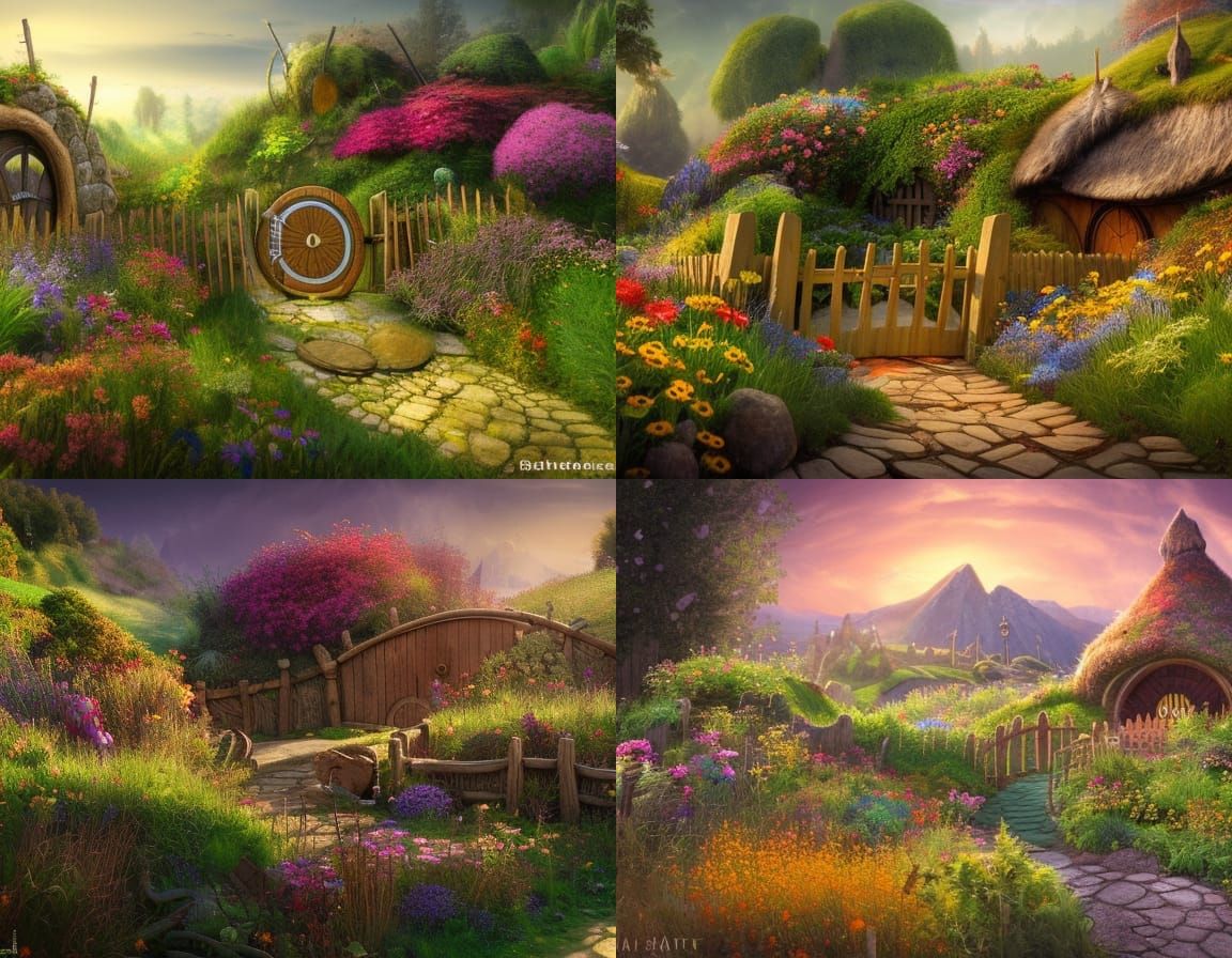 A hobbit garden, wooden picket fence, round doorway, wild flowers ...