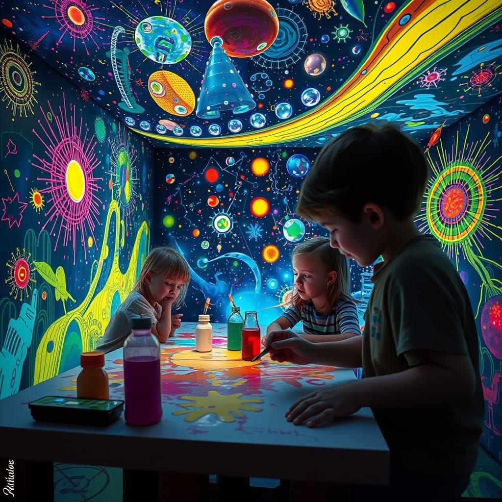 Colorful Scene of Children Creating Art with Finge... - AI Art