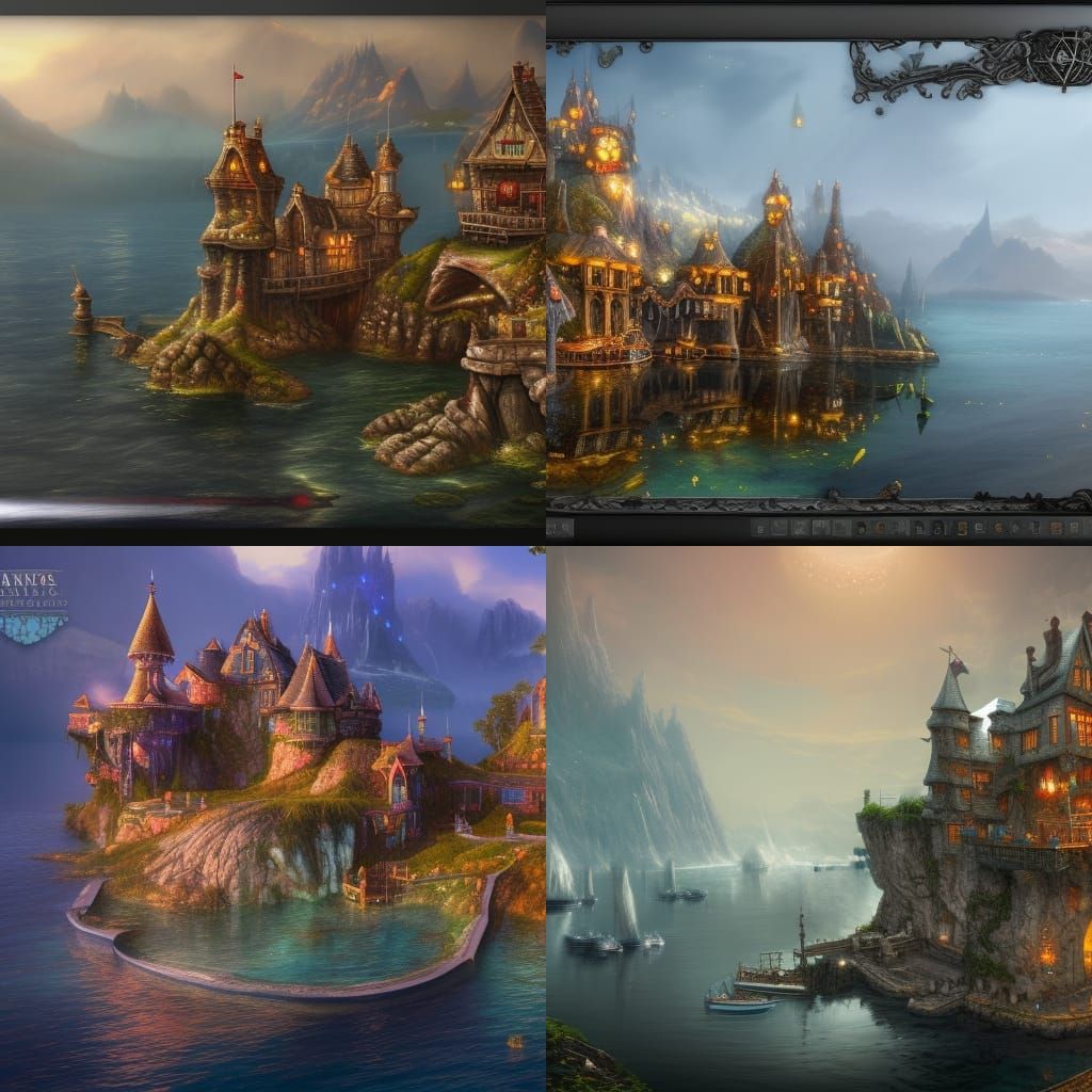 Fantasy castle Cliffside harbor on water - AI Generated Artwork ...