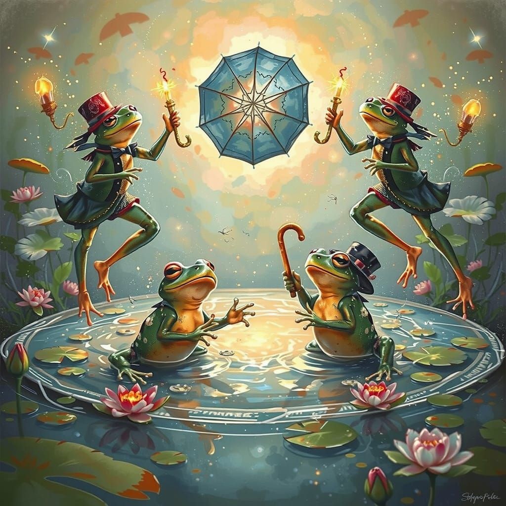 Frogs Dancing at Enchanted Pond, Watercolor Style - AI Art