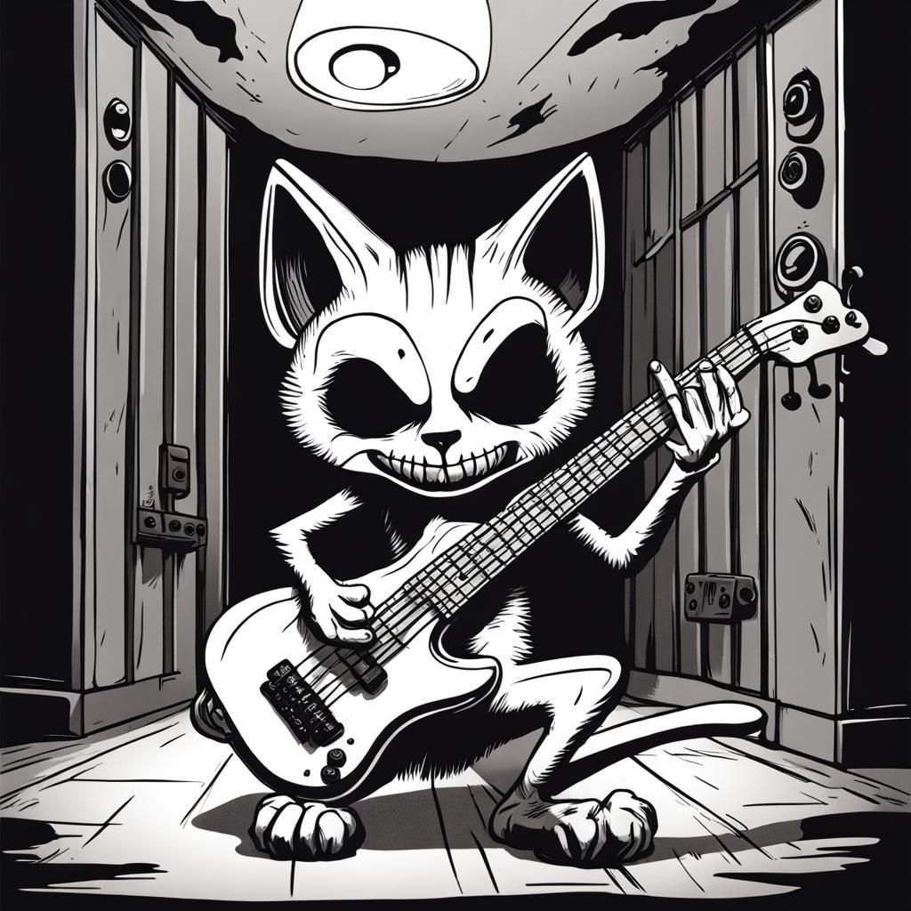 retro style drawing of a misfits band cat playing a bass guitar and ...