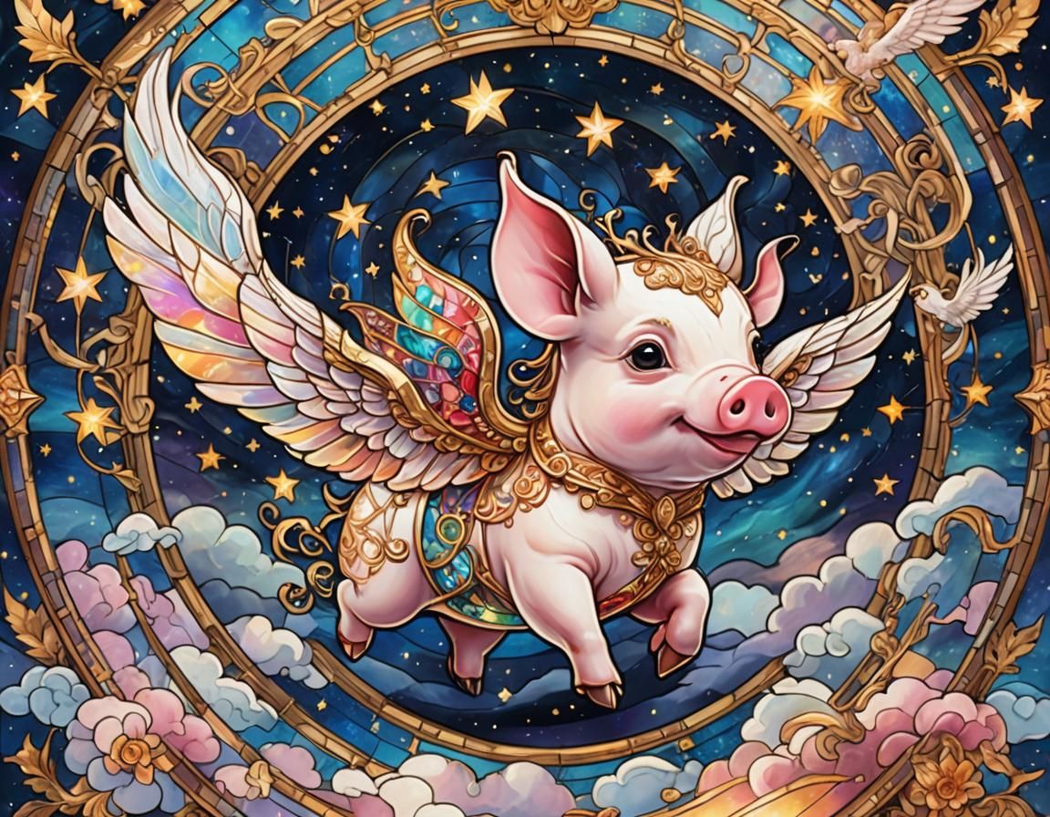(Intricately detailed stained glass art of a flying cute pig with white ...