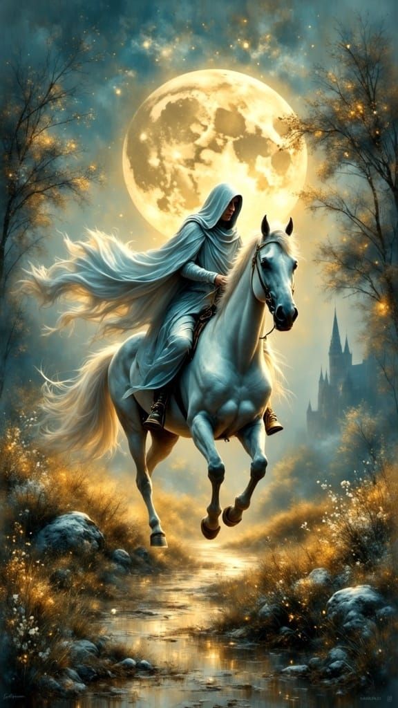 a mysterious, cloaked rider on a majestic, glowing white horse ...
