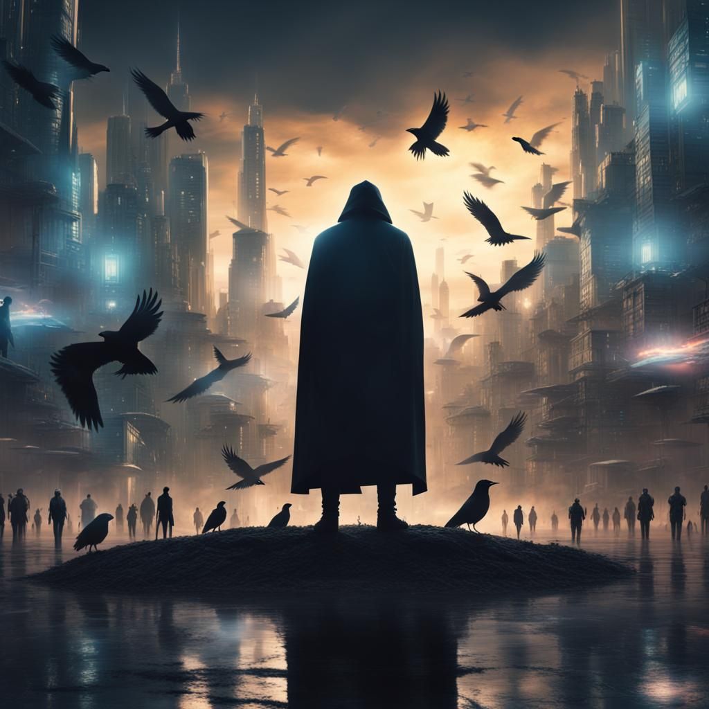 shadowy figure surrounded by energgy floating above a crow, futuristic ...