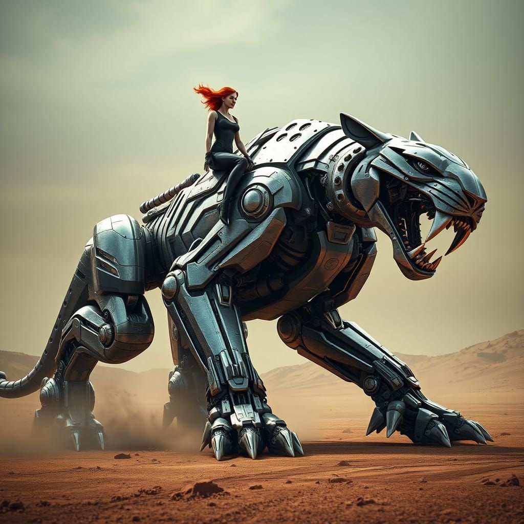 Majestic Sabertooth Tiger Mecha in a Barren Wastel... - AI Art