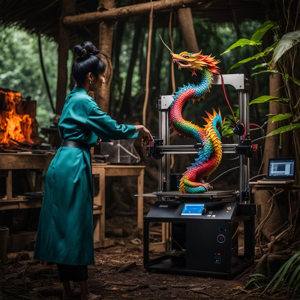 a bambu lab 3d printer in a clearing in a bambu forest printing a small ...