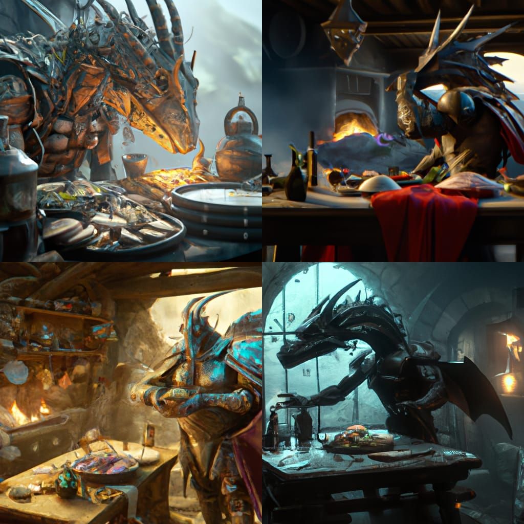 Dragon knight cook dinner - AI Generated Artwork - NightCafe Creator