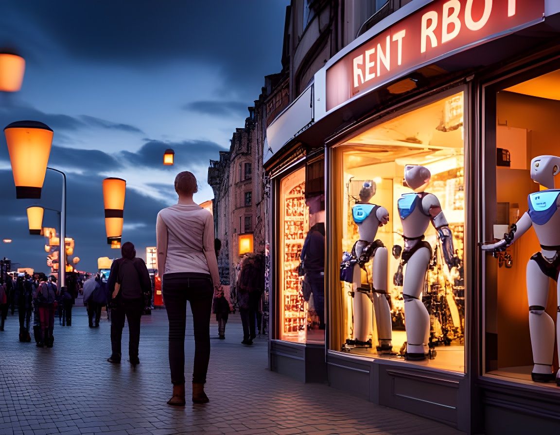 Busy futuristic high street robot rental shop - AI Generated Artwork ...