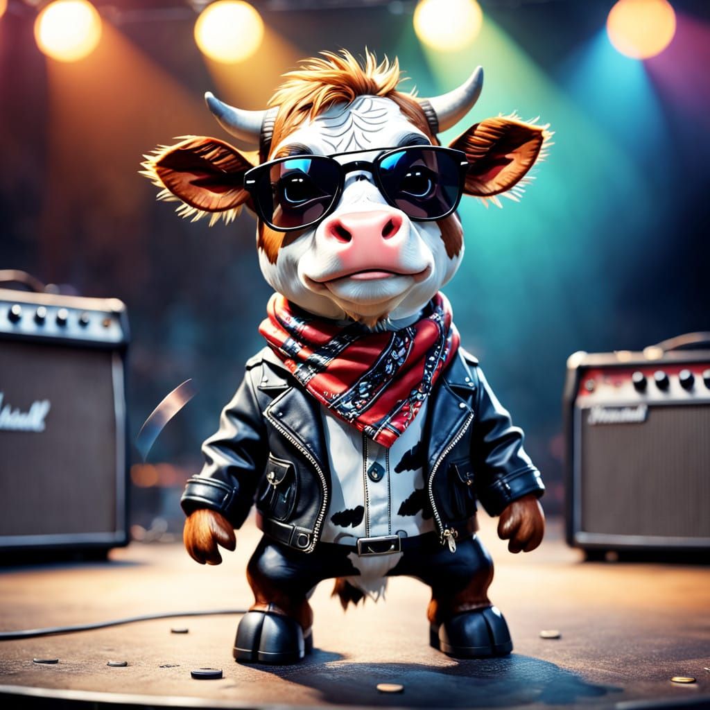 Miniature Rockstar Cow in Electric Concert Arena - AI Art