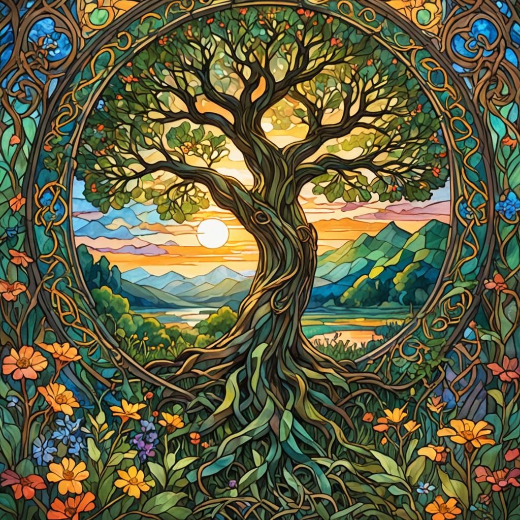 Art nouveau stained glass, oak tree, Celtic fairy, wildflowers ...