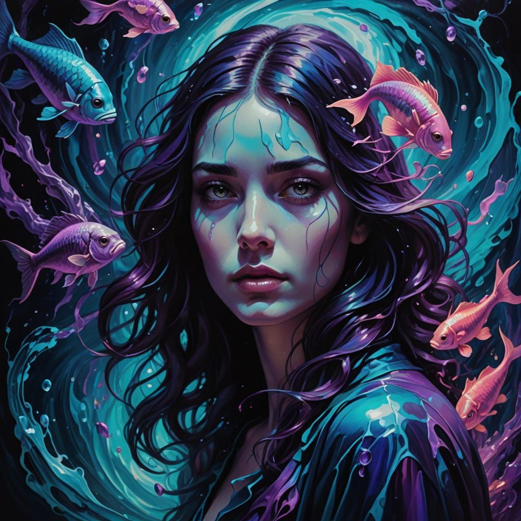Dreamlike Portrait of a Female Pisces in a Whirlpo... - AI Art